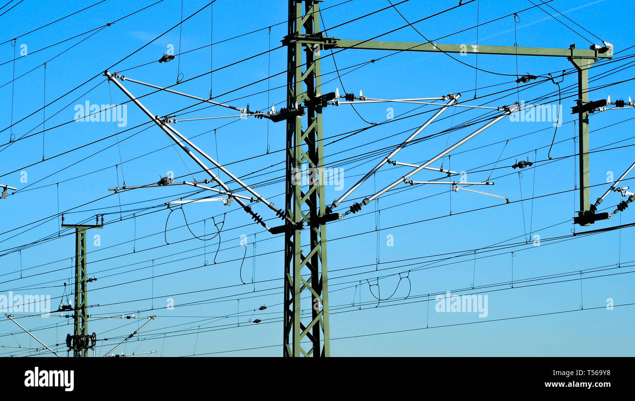 details of an electricity mast and energy cables of a train route Stock ...