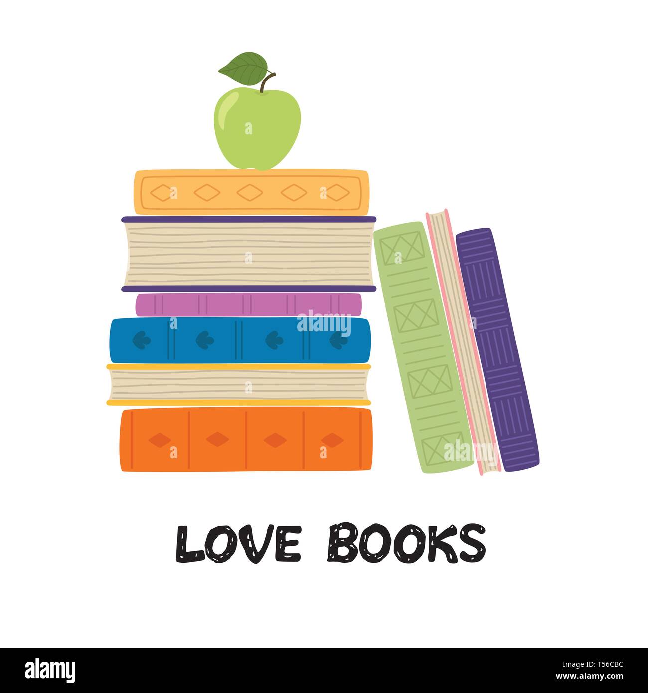 Love books. Stack of books with apple. Pile of books vector ...