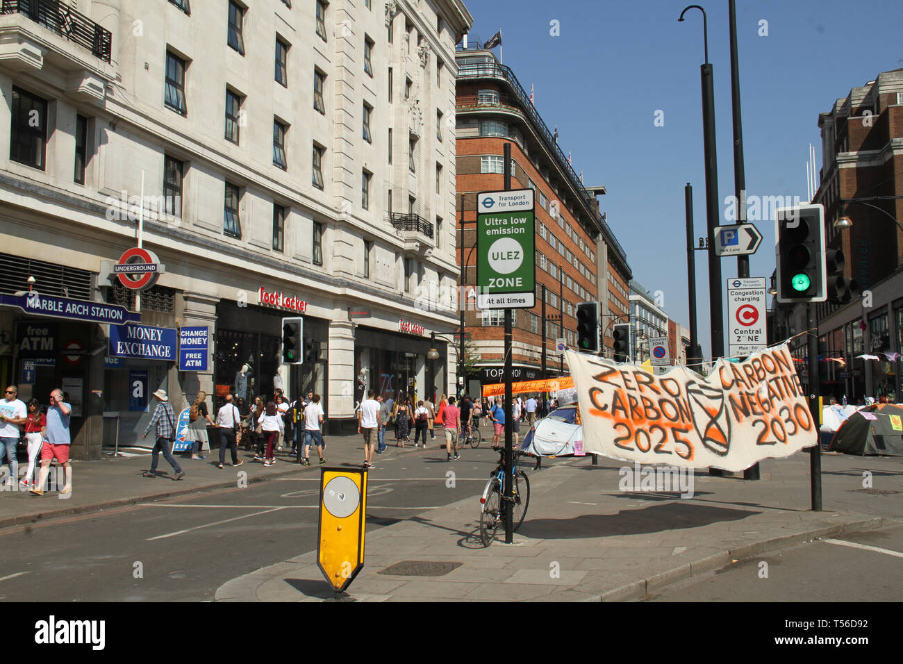 Marble Arch, London 21 April 2019: A banner flaps outside Marble Arch ...