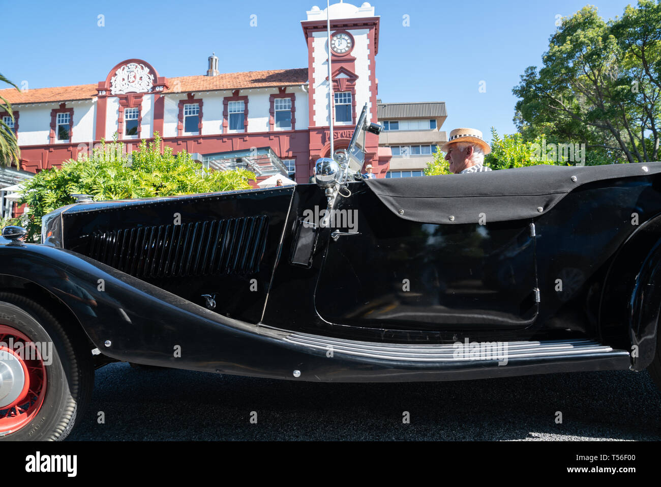 TAURANGA NEW ZEALAND - APRIL 20 2019; Vintage car parade in Willow ...