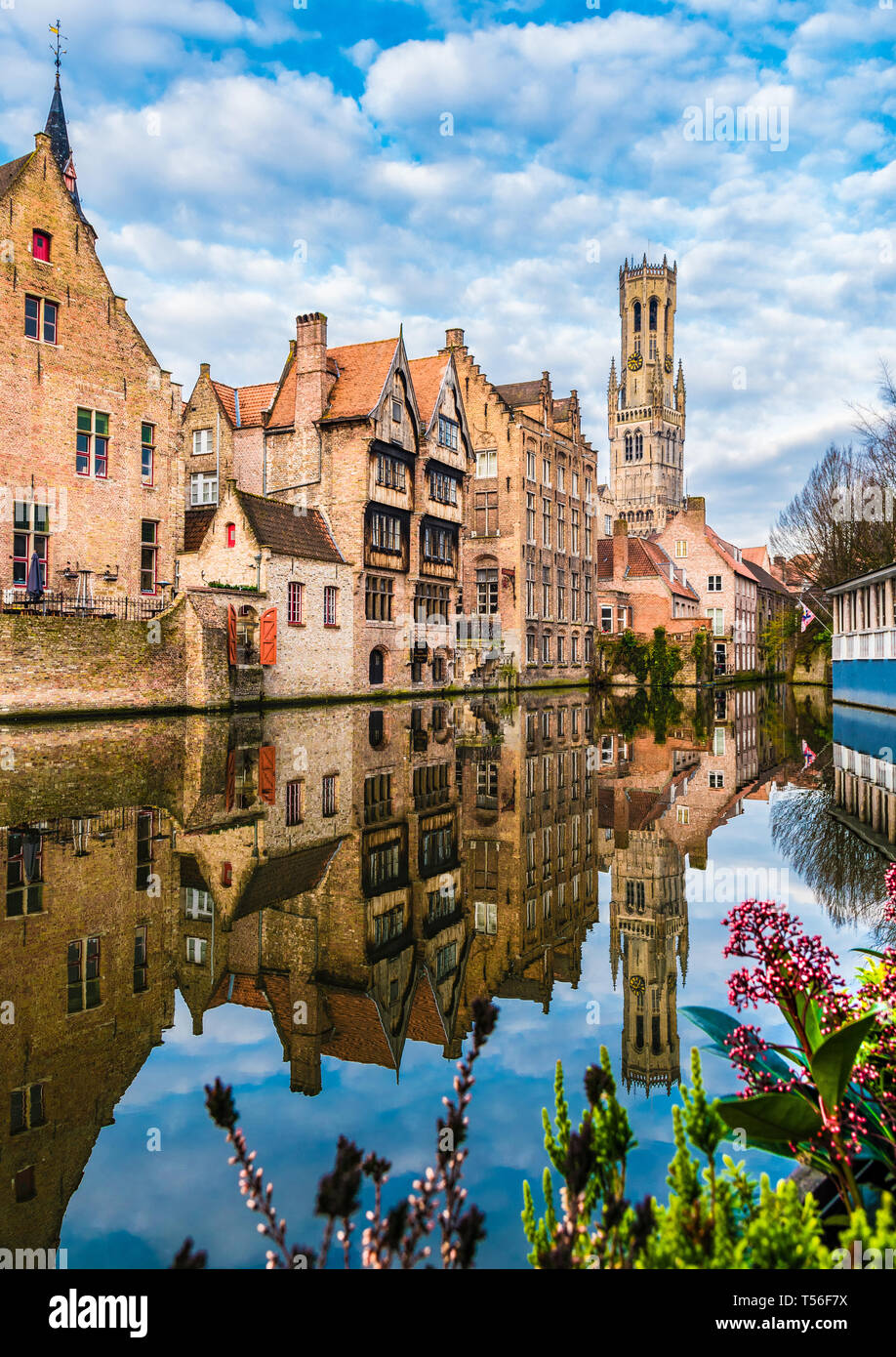 Landscape with famous Belfry tower and medieval buildings along a canal ...