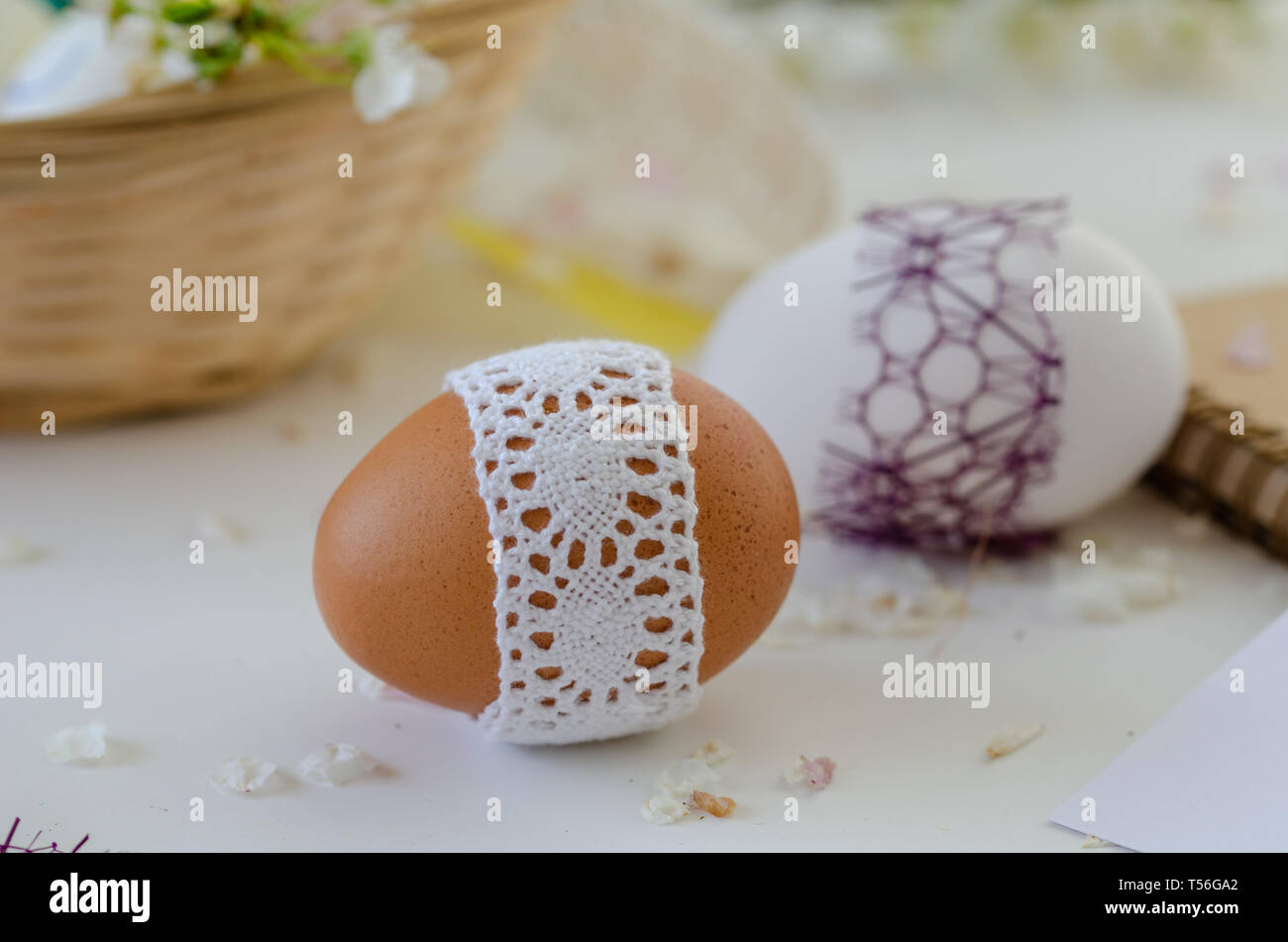 Fancy eggs are on white background. Easter concept Stock Photo - Alamy