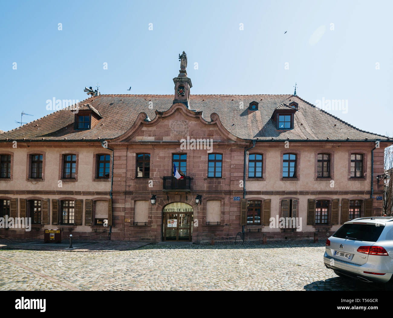 Bergheim, France - 19 Apr 2019: Front view of Hotel de Ville city hall ...