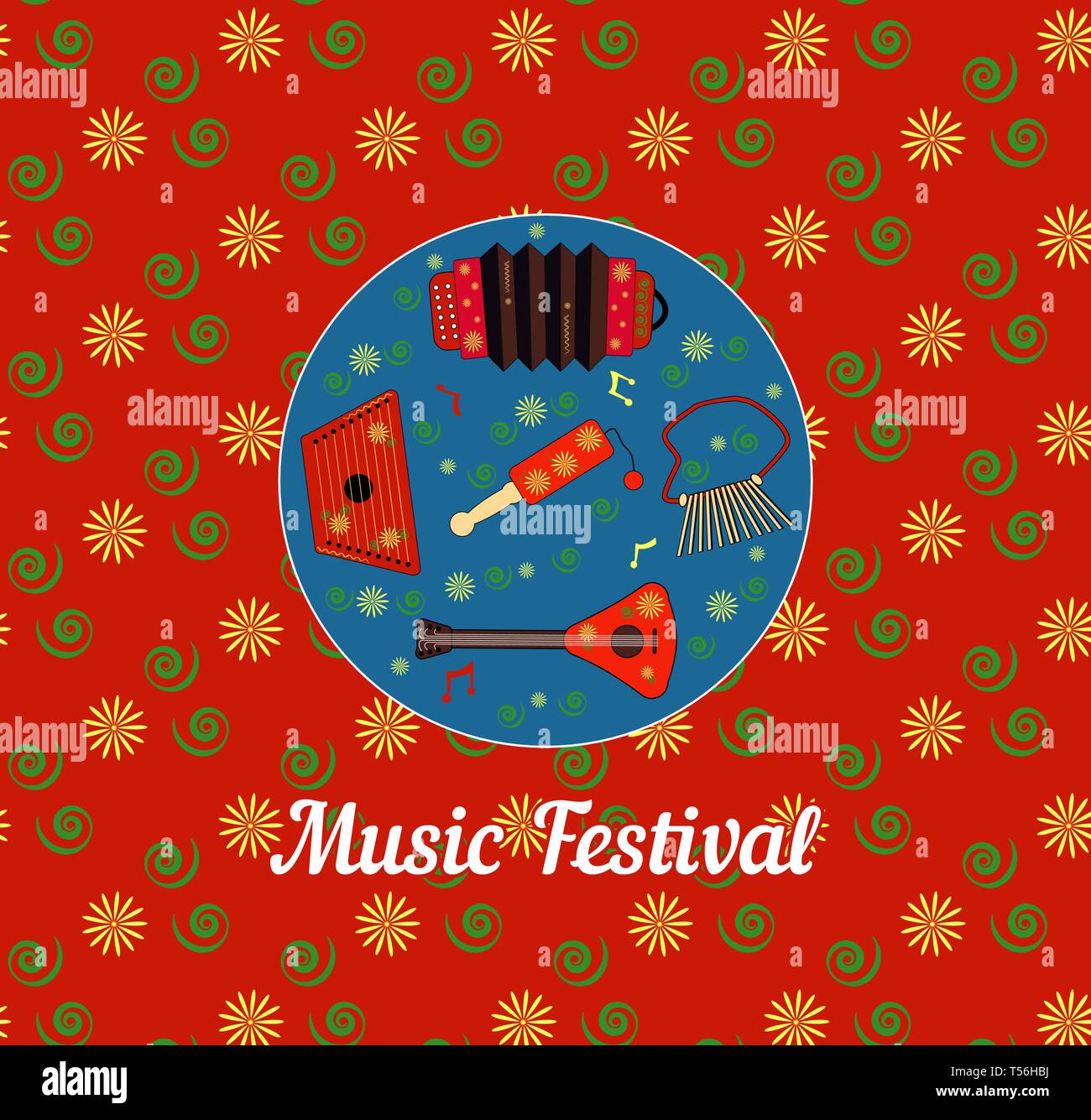 Music Festival. Square red poster with floral pattern. Harp, balalaika ...