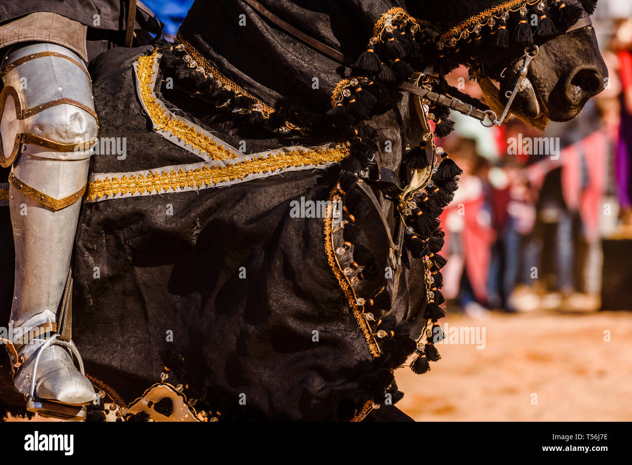 Detail of the armor of a knight mounted on horseback during a display ...