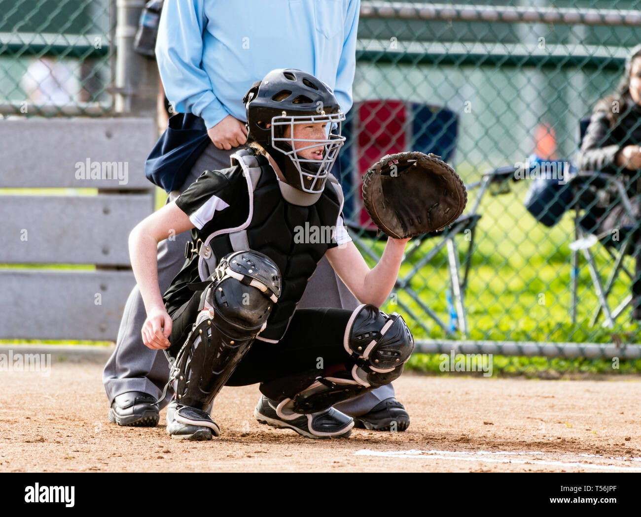 Female softball catcher in full protective gear ready to catch the ...