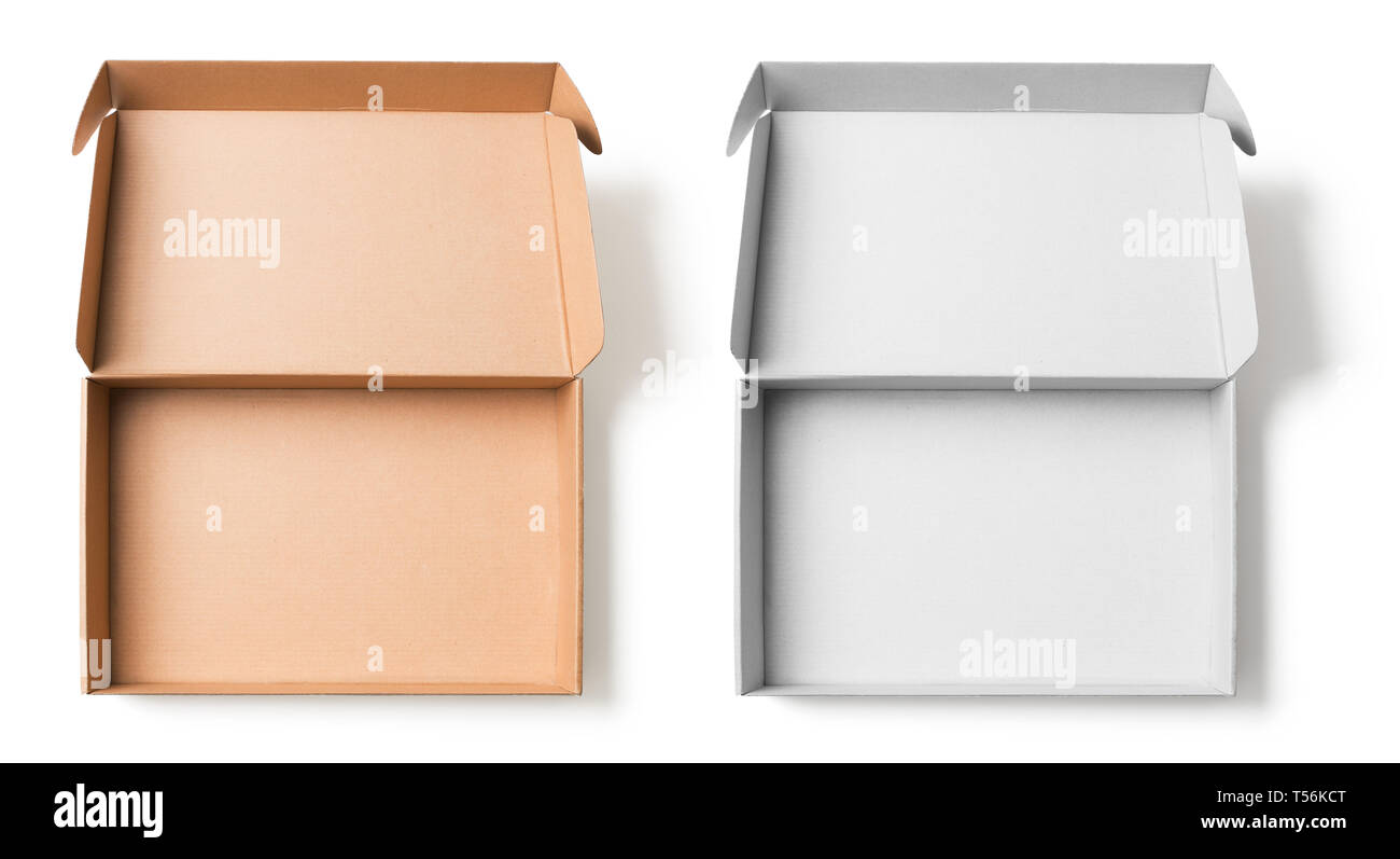 Open cardboard boxes top view set isolated on white with no shadows ...