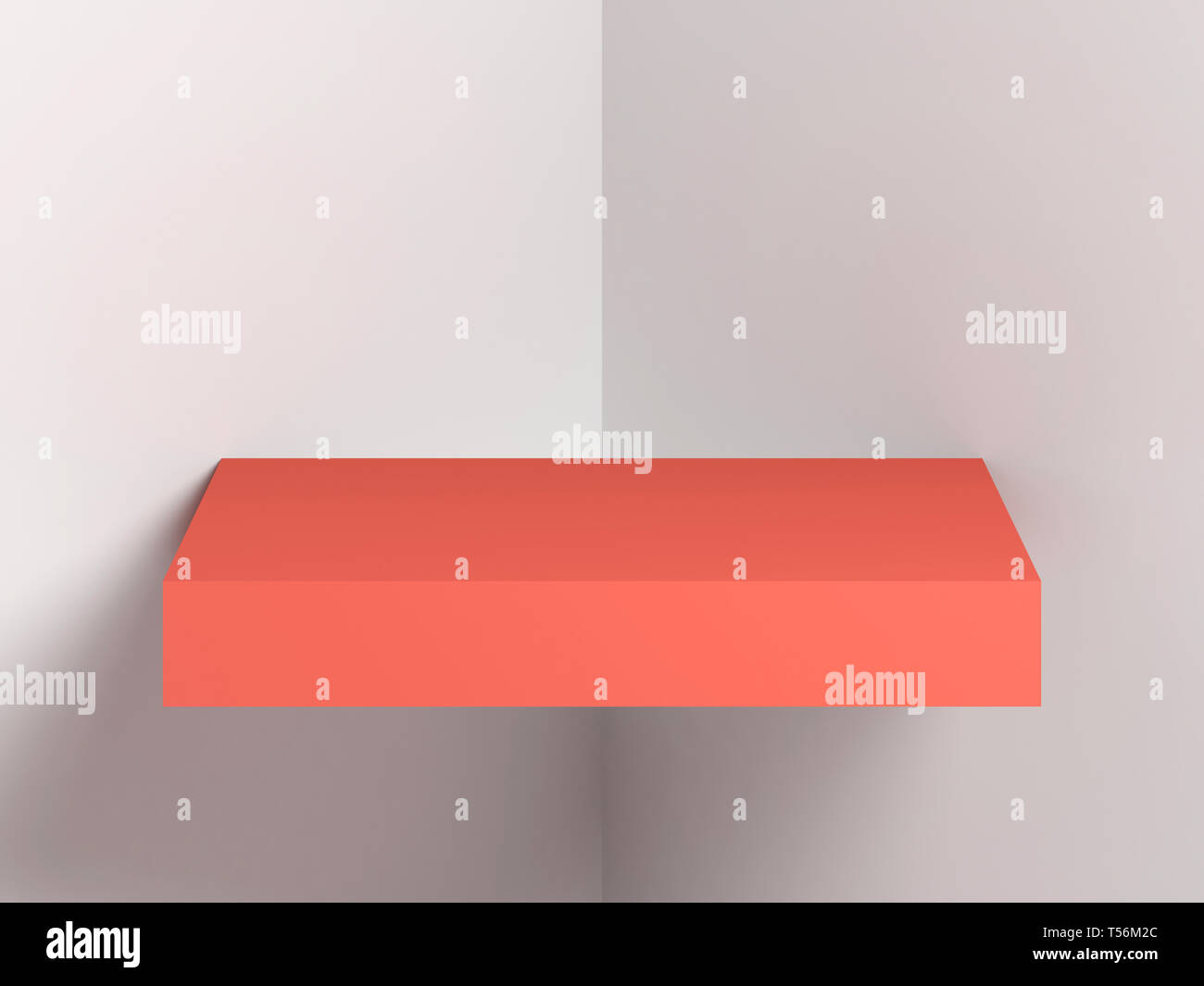 Red shelf in white corner, geometric installation on wall. Abstract ...