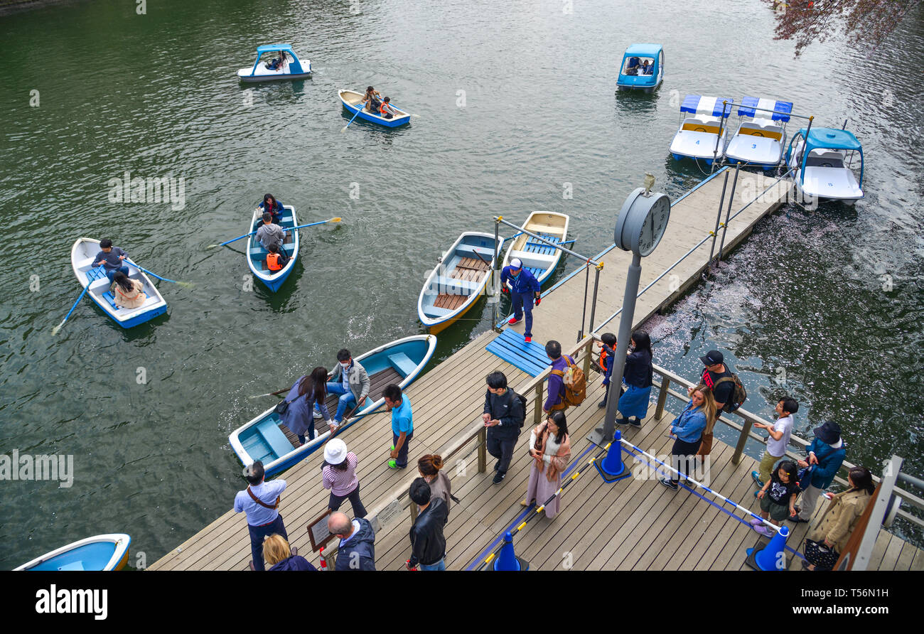Tokyo, Japan - Apr 7, 2019. People waiting for wooden boat at tourist ...