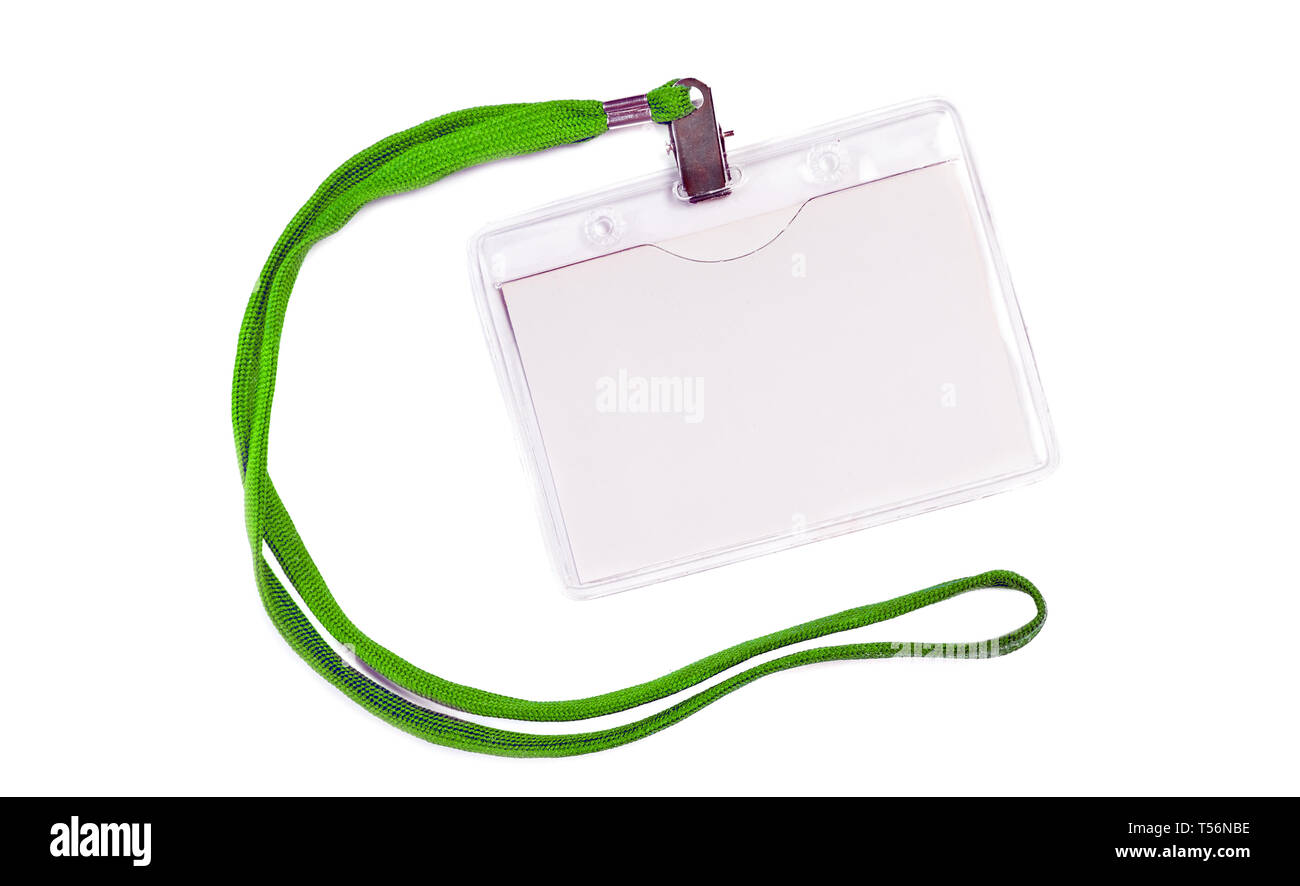 Blank badge mockup with green ribbon rope. Empty name tag mock up ...