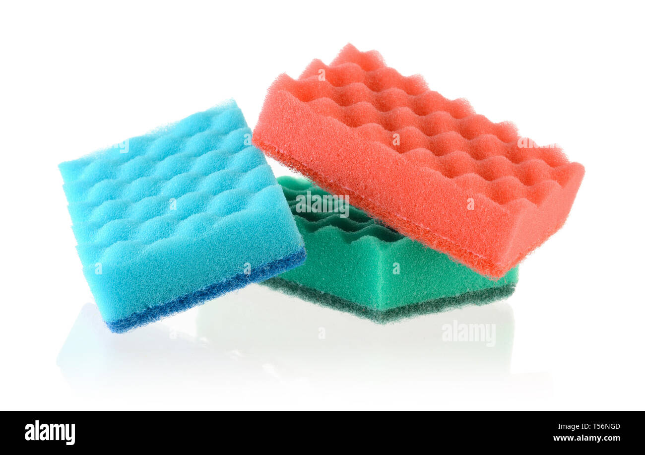 Multi-colored sponges for dishes isolated on white background Stock ...