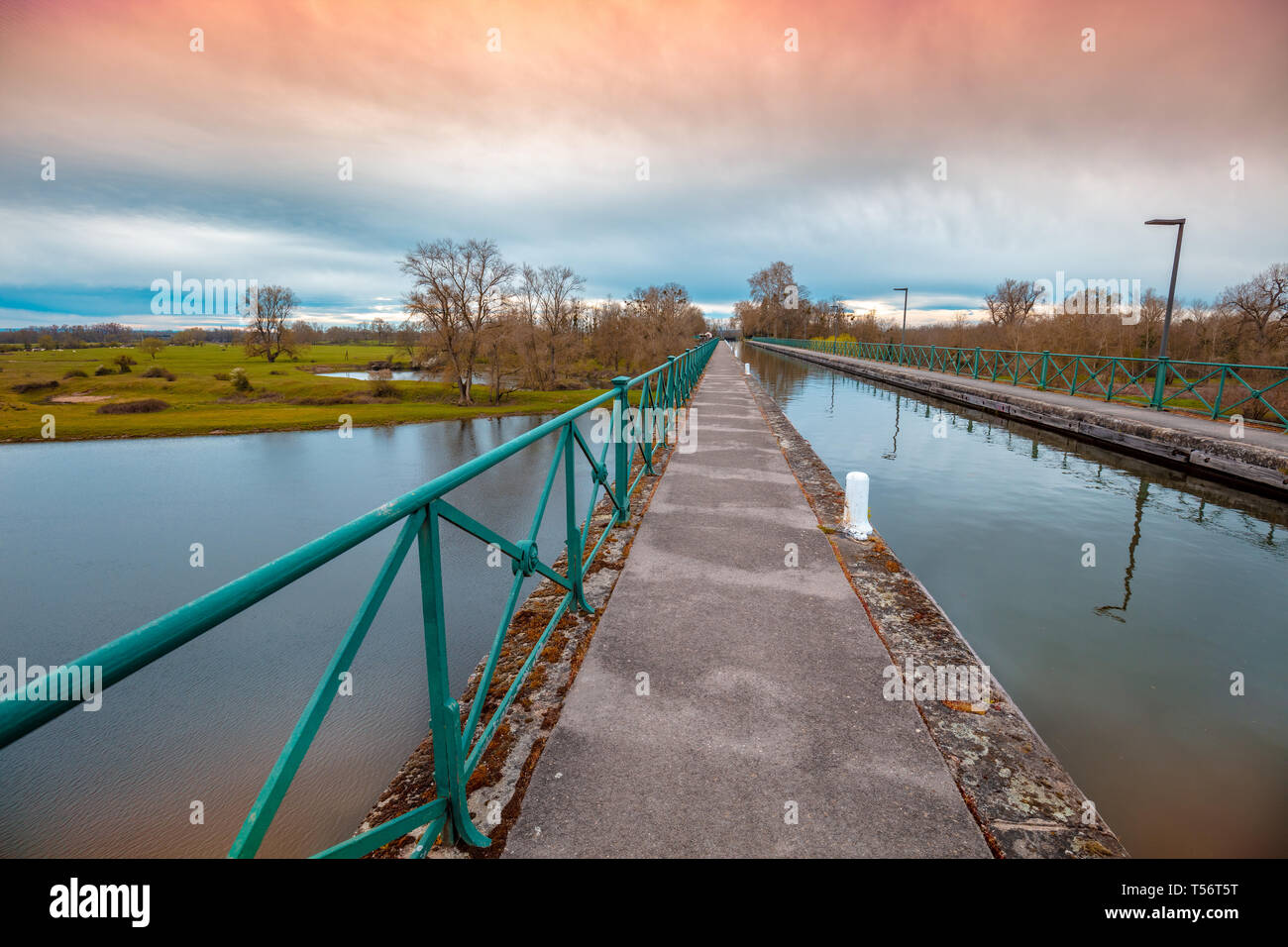 Pont aqueduct. Boat canal bridge over Laura river in early spring ...