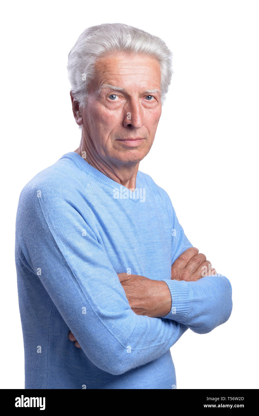 Portrait of thinking senior man isolated on white background Stock Photo - Alamy