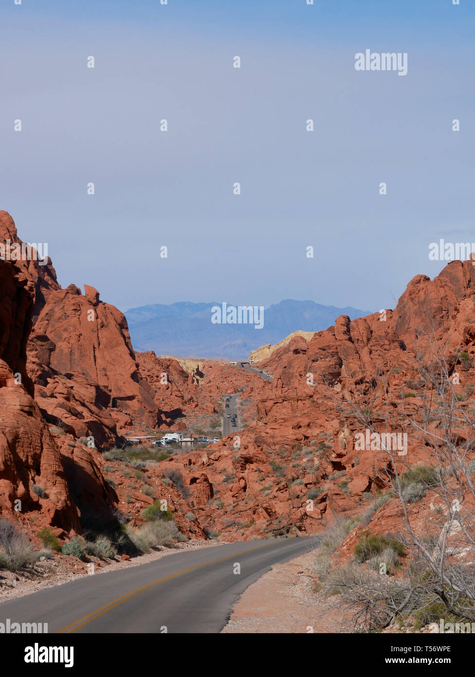 Roadway in the Valley of Fire State Park traversing rugged red rock ...