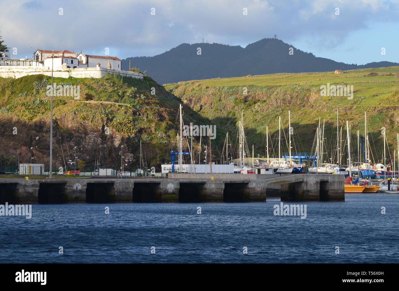 Yachts moored at the marina of Vila do Porto, administrative centre of ...