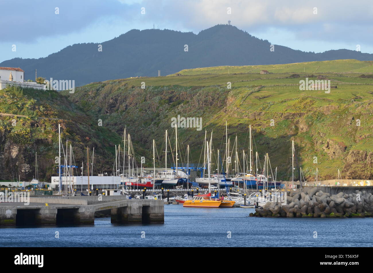 Yachts moored at the marina of Vila do Porto, administrative centre of ...
