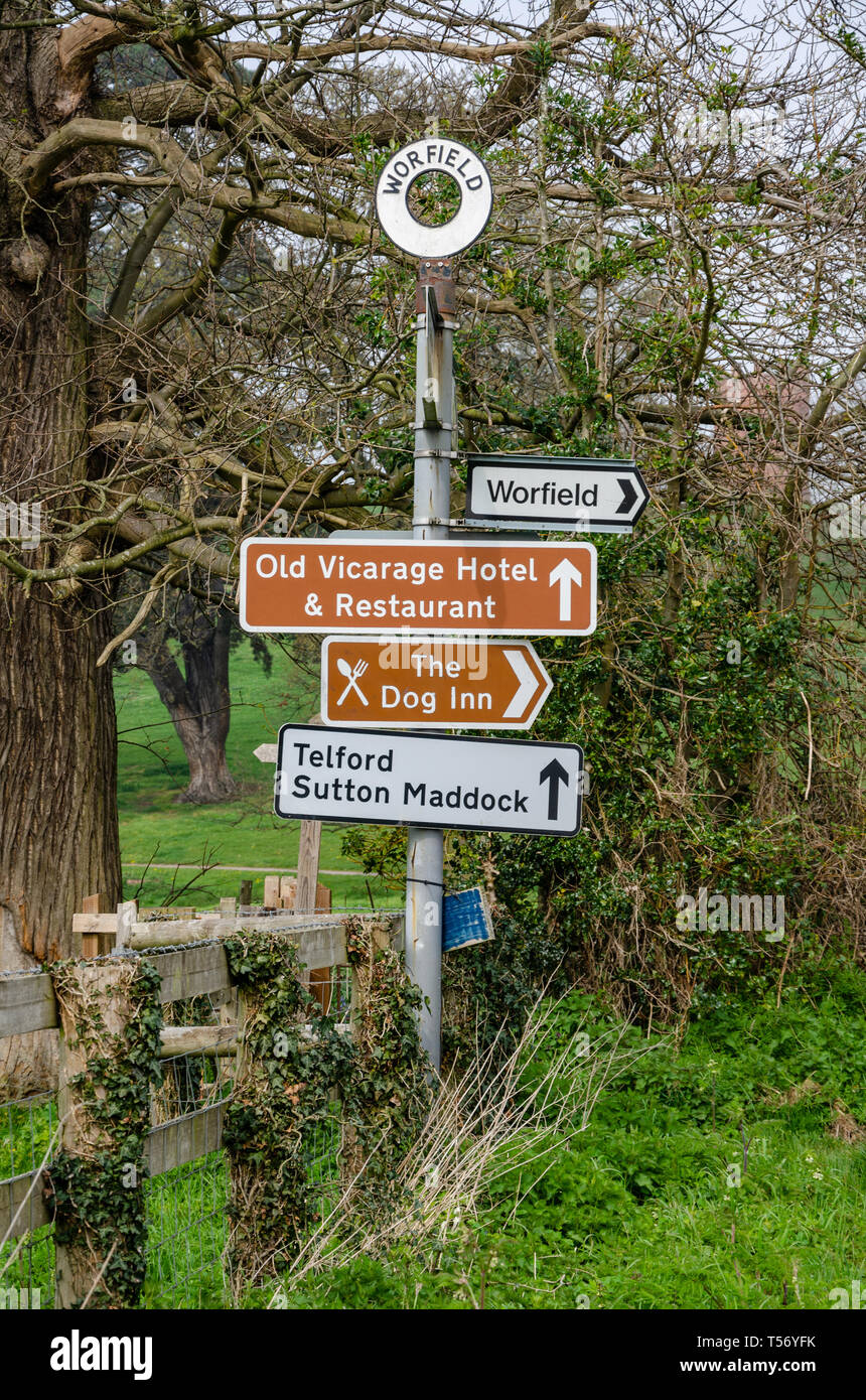 A signpost at the village of Worfield in Shropshire, UK Stock Photo - Alamy