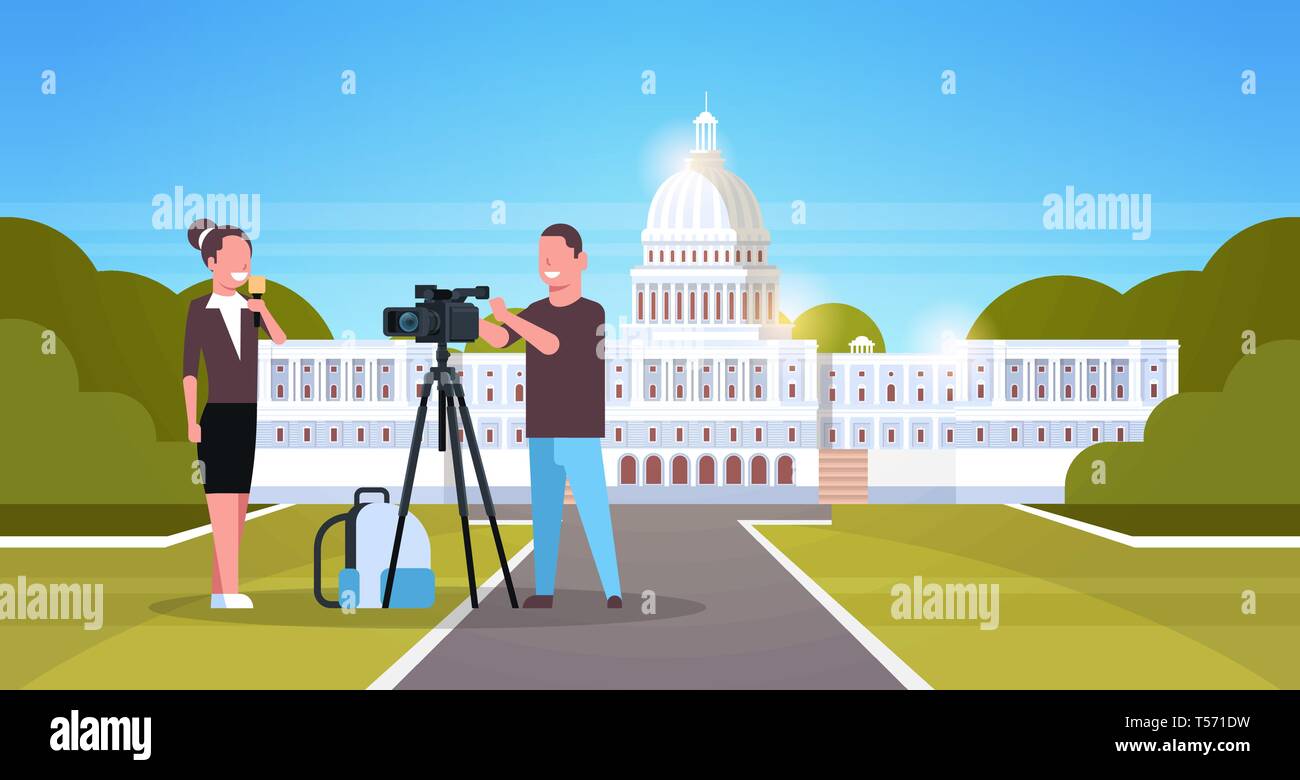 woman journalist with reporter man presenting live news operator using ...