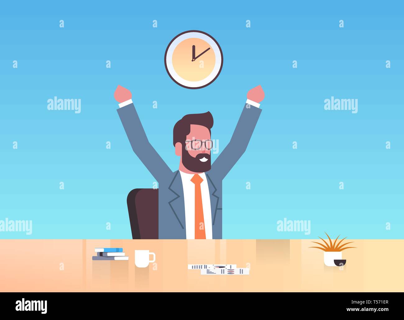 happy businessman raising hands expressing success effective time ...