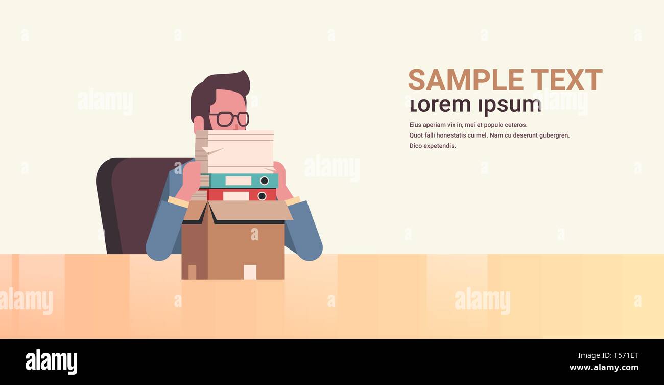 tired overworked businessman sitting workplace desk with stacked paper ...