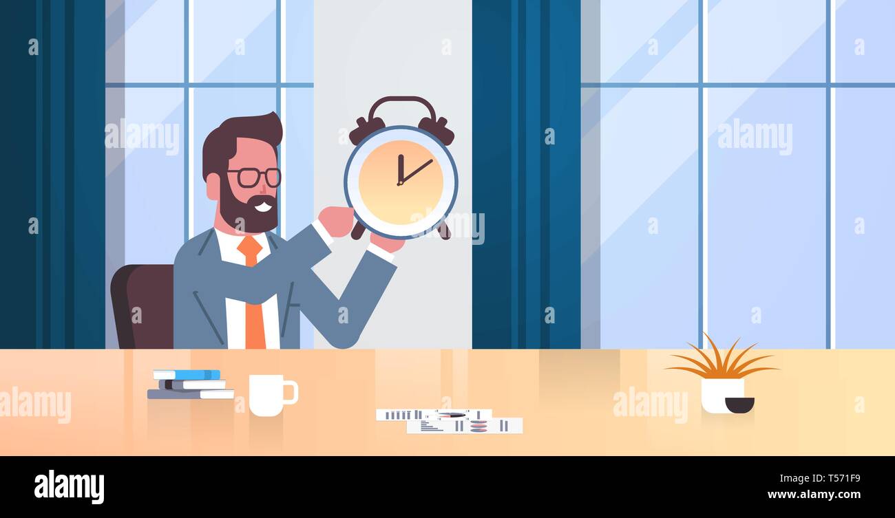 happy businessman holding alarm antique clock business man sitting ...