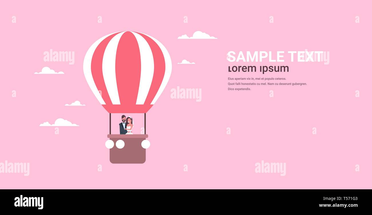 just married bridegroom and bride flying in air balloon romantic couple ...