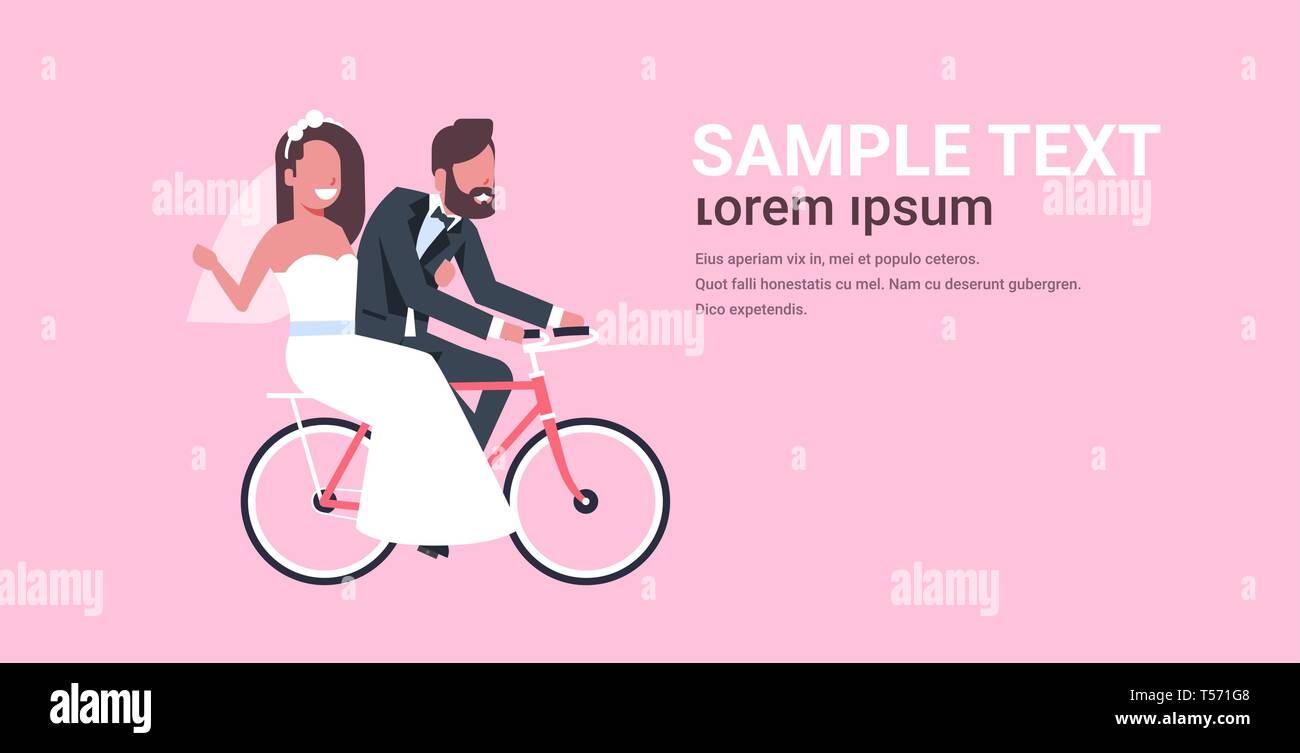 just married man woman riding bicycle romantic couple bride and groom ...