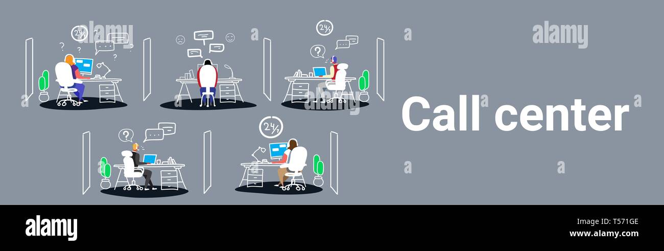 agents sitting workplace desks call center support service ...