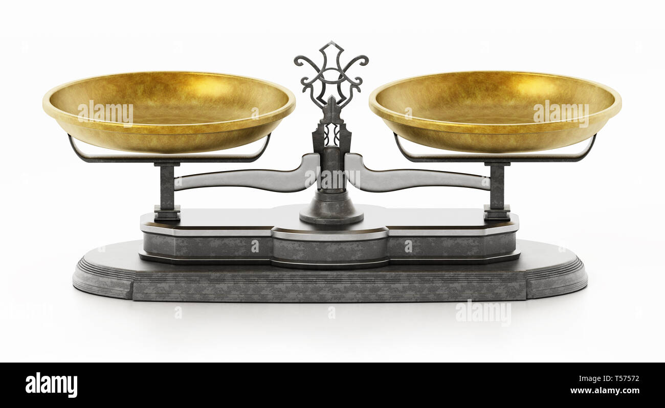 Vintage balanced scale isolated on white background. 3D illustration ...