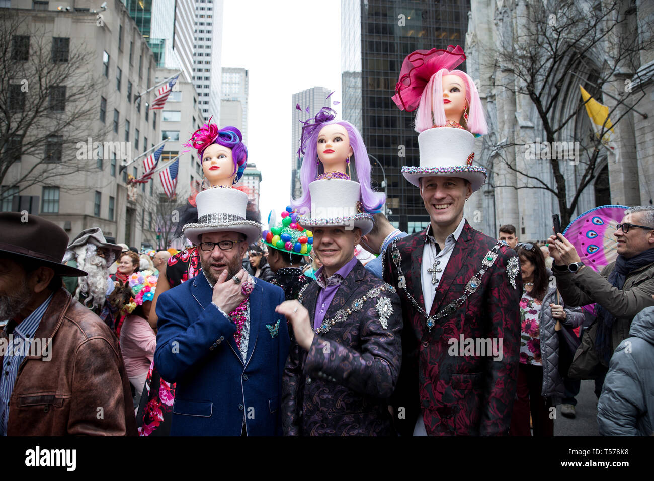 New York, USA. 21st Apr, 2019. Revelers with creative costumes take ...