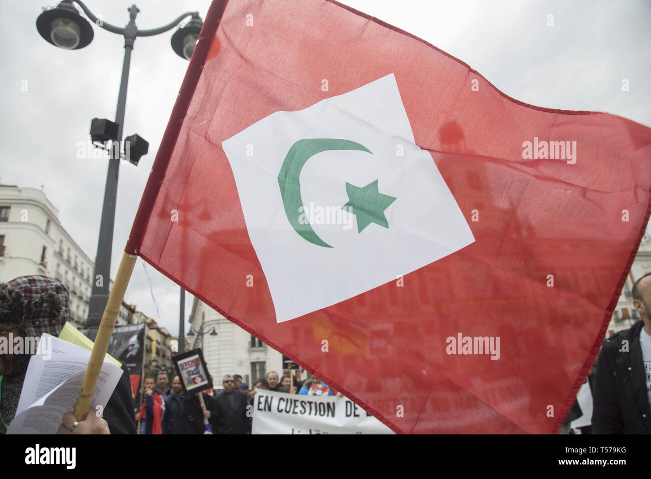 Madrid, Spain. 21st Apr, 2019. Flag of the Rif seen flying during the ...