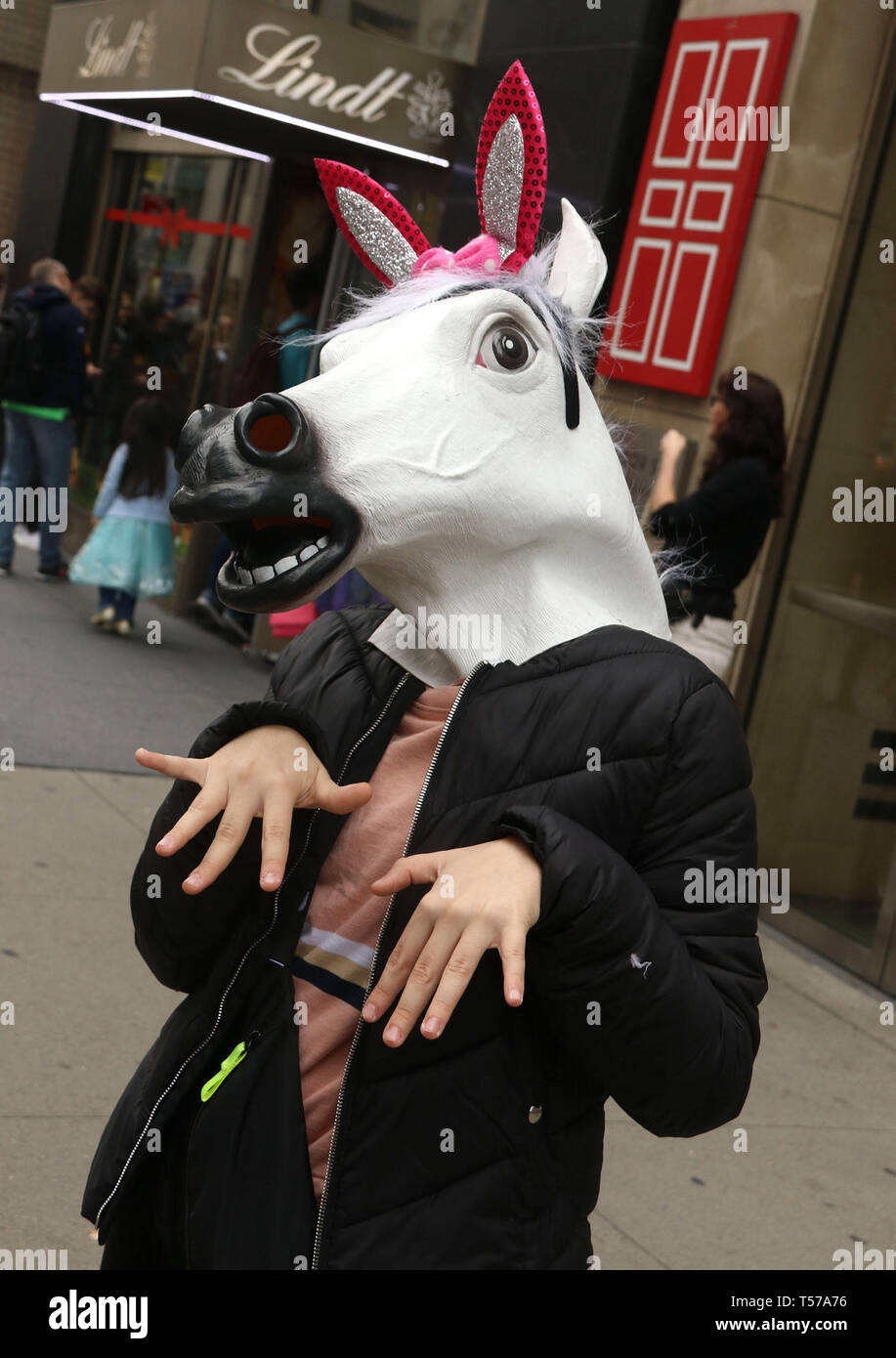 New York City, New York, USA. 21st Apr, 2019. A parade goer wears an ...