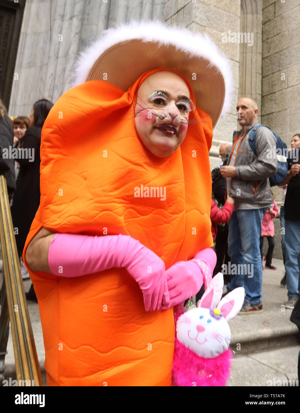 New York City, New York, USA. 21st Apr, 2019. A parade goer wears an ...