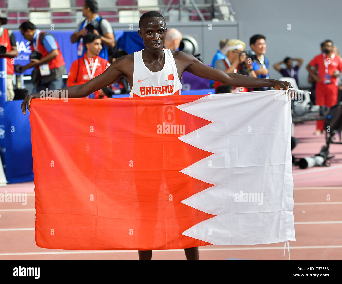 Doha, Qatar. 21st Apr, 2019. John Kibet Koech of Bahrain celebrates ...