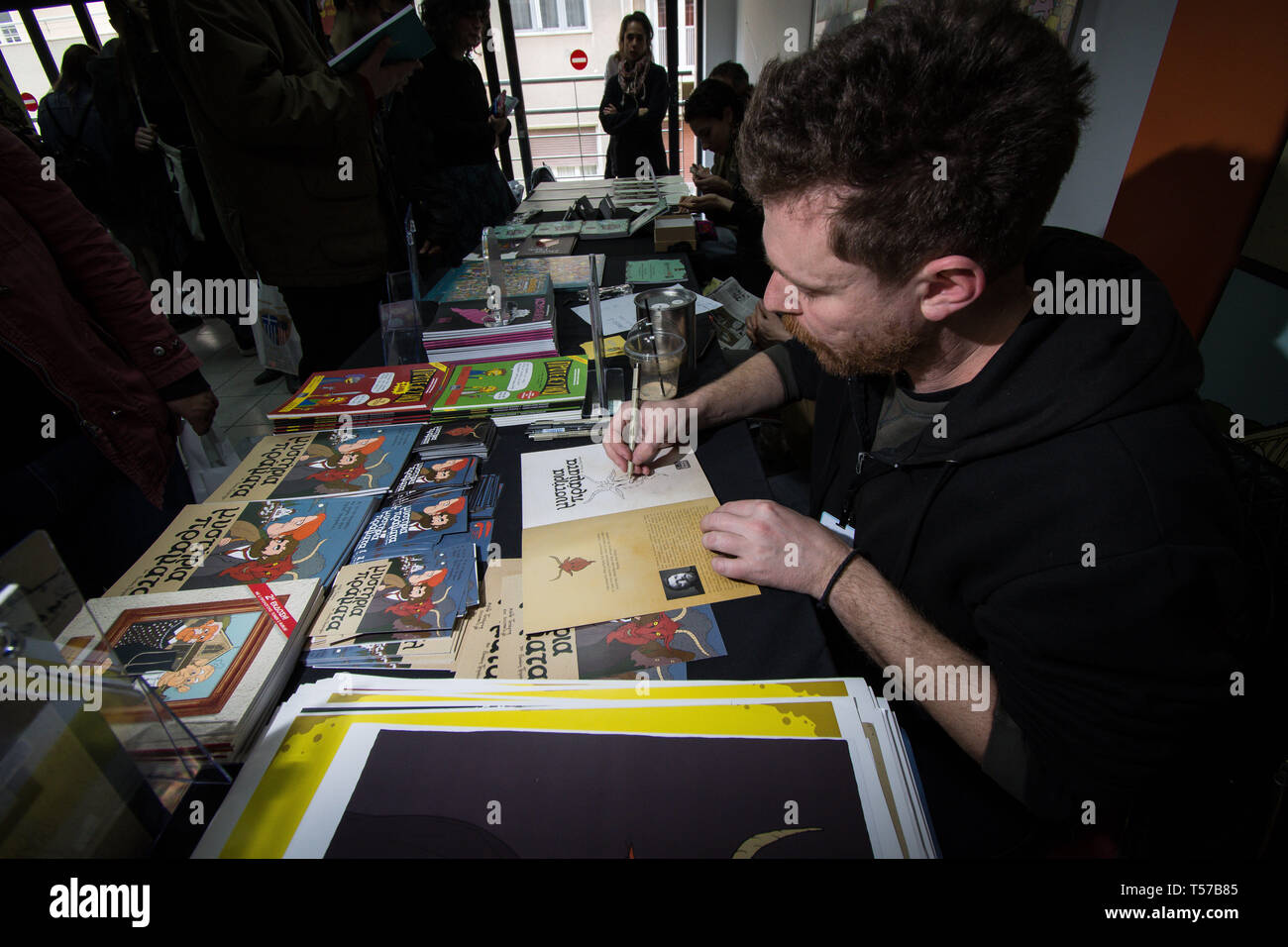 Athens, Greece. 21st Apr, 2019. A cartoonist seen drawing during the ...