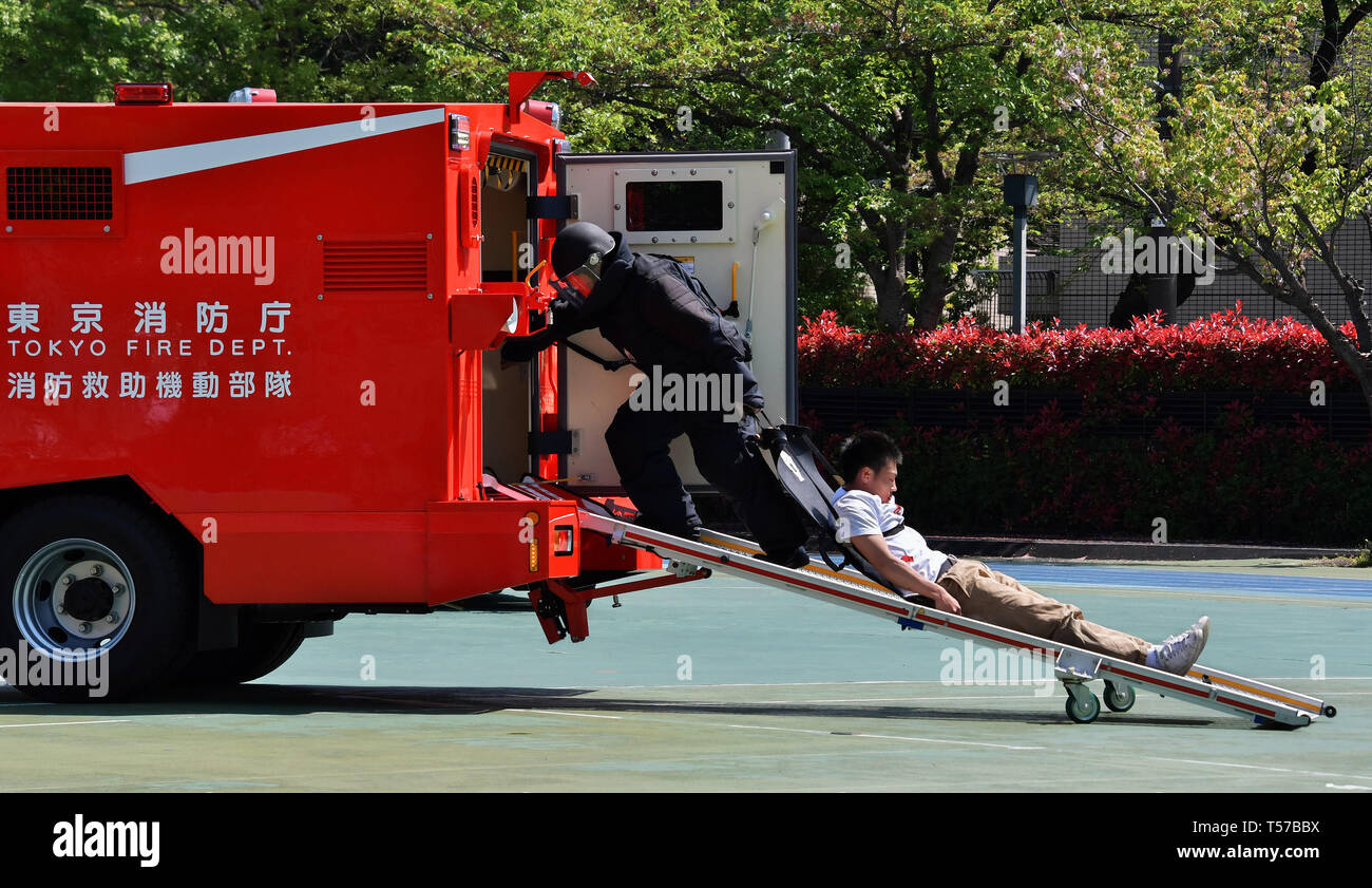 Member of Unified Task Forces of Tokyo Fire Department's demonstrates ...