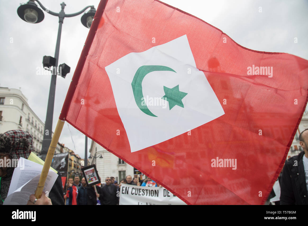 Madrid, Spain. 21st Apr, 2019. Flag of the Rif seen flying during the ...