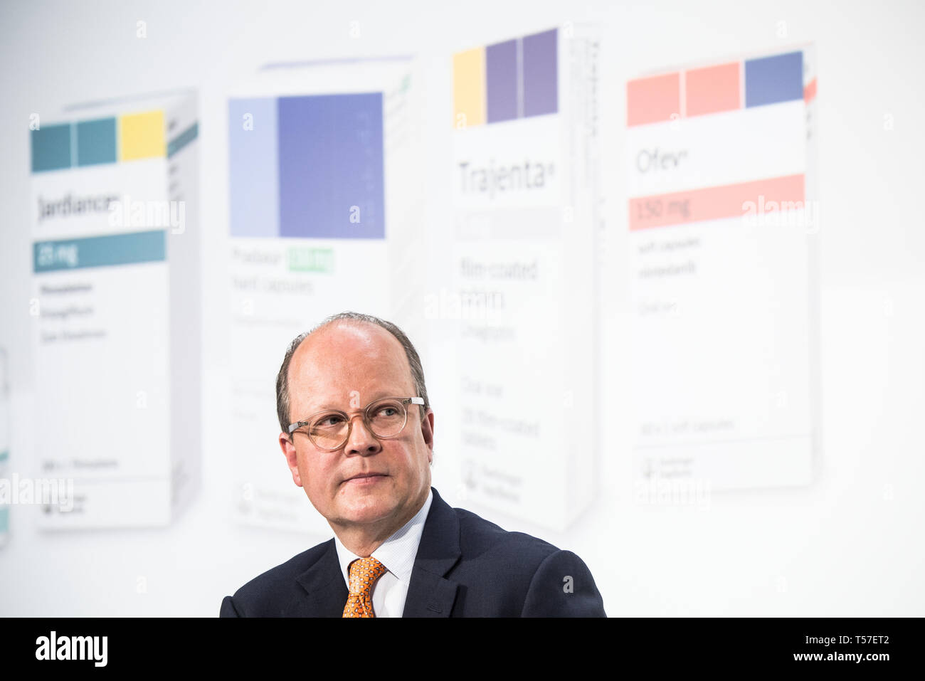 Ingelheim, Germany. 17th Apr, 2019. Hubertus von Baumbach, CEO, sits in front of a background ...
