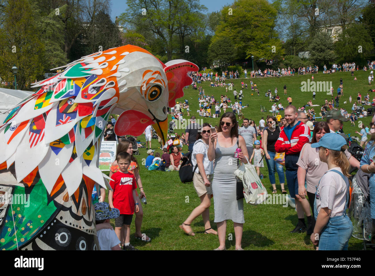 Paper-mache oversize big Easter chicken in Preston, Lancashire. April ...