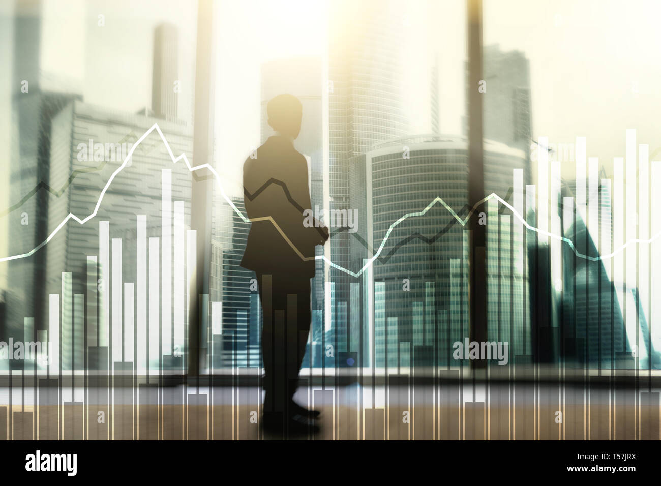 Double exposure Financial graphs and diagrams. Business, economics and ...