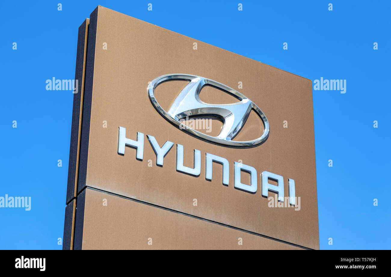 Samara, Russia - April 20, 2019: Hyundai dealership sign against the ...