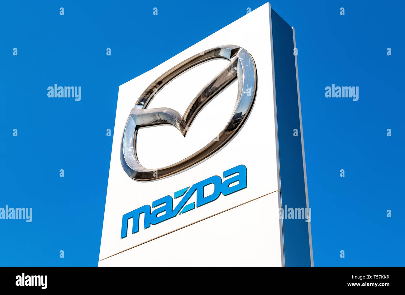Samara, Russia - April 20, 2019: Official dealership sign Mazda. Mazda ...