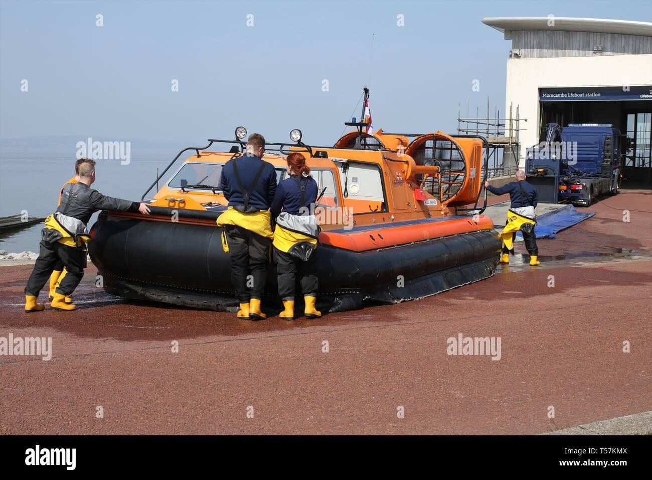 Morecambe Lancashire UK 20th April 2019-RNLI Hovercraft being loaded ...