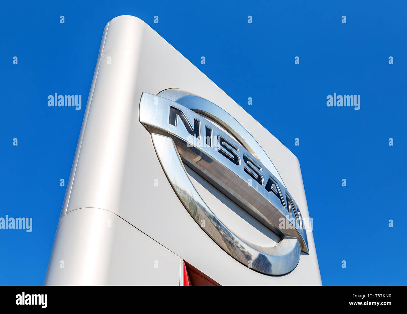 Samara, Russia - April 20, 2019: Nissan official dealership sign ...