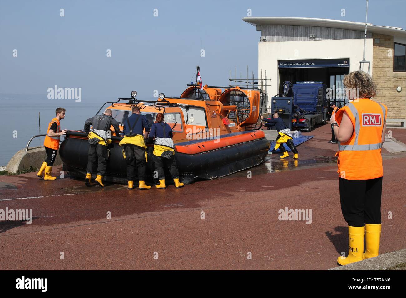Morecambe Lancashire UK 20th April 2019-RNLI Hovercraft being loaded ...