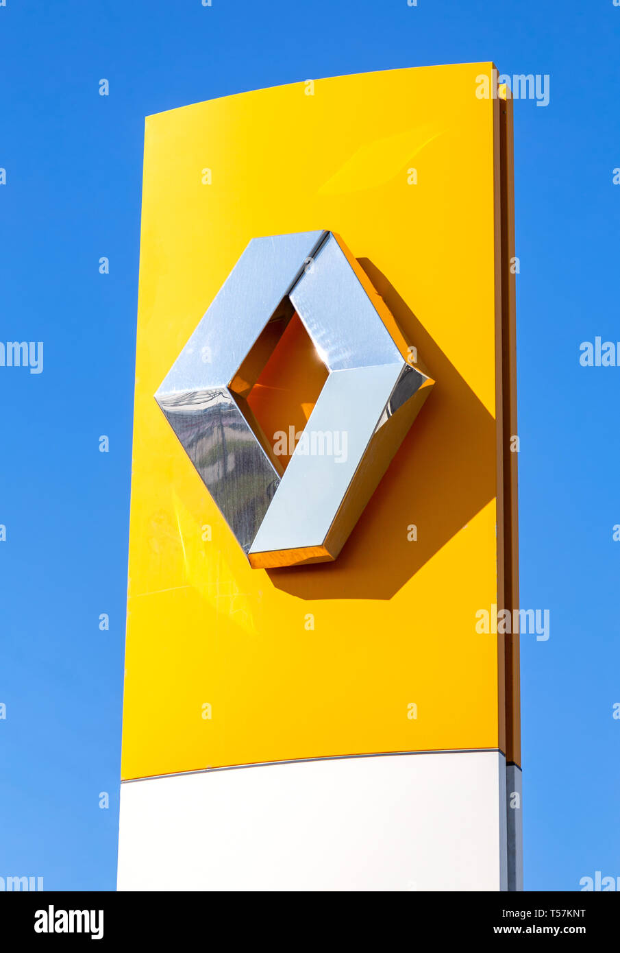 Samara, Russia - April 20, 2019: Renault dealership sign against the ...