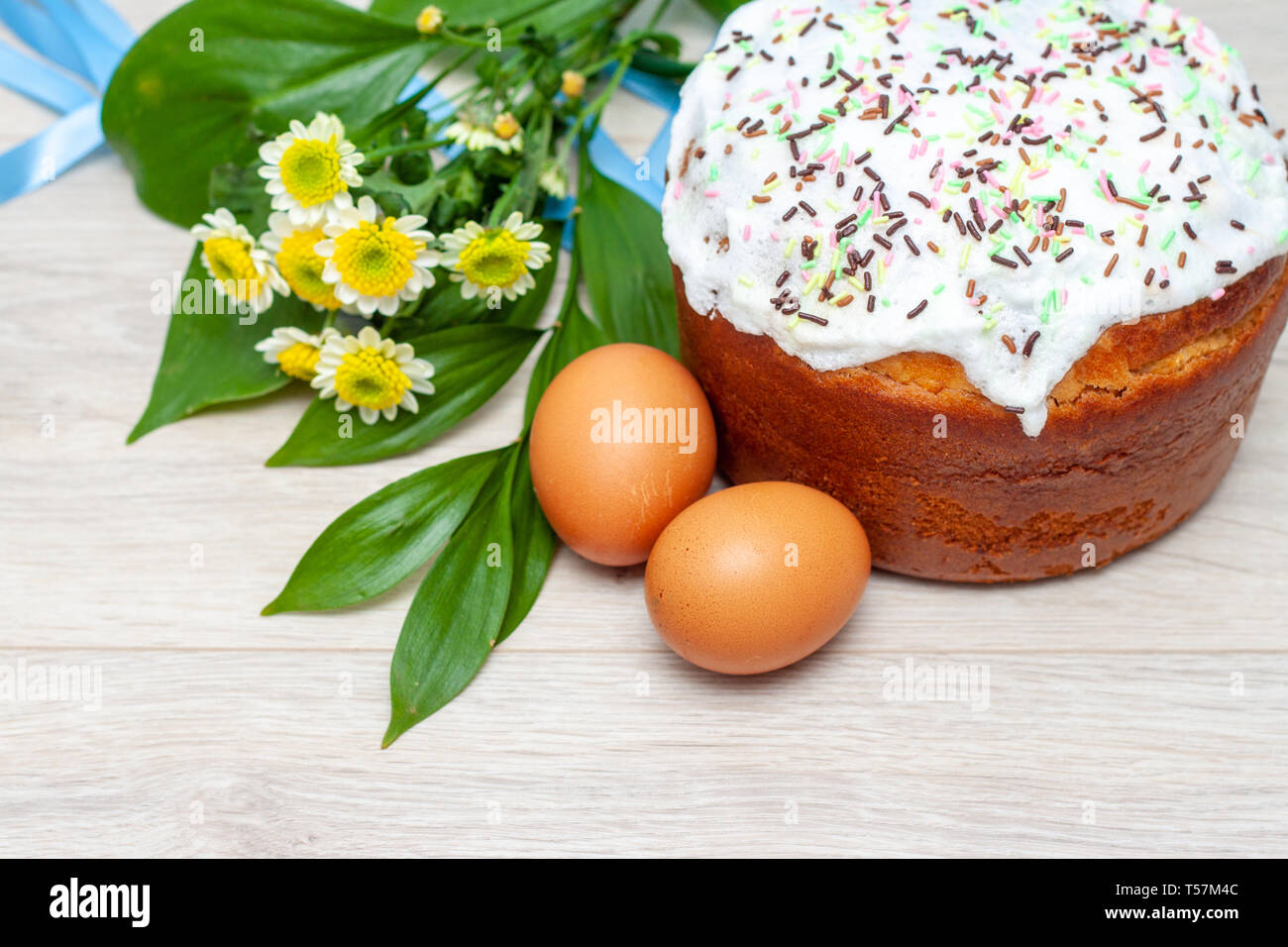 Easter cake and colored eggs yellow flower blossoms on background ...