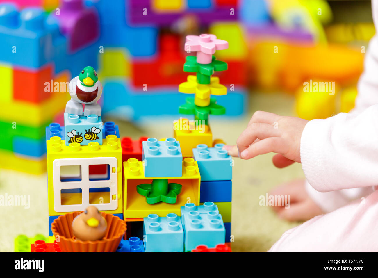 Children plastic color bricks with children hand. close up Stock Photo ...