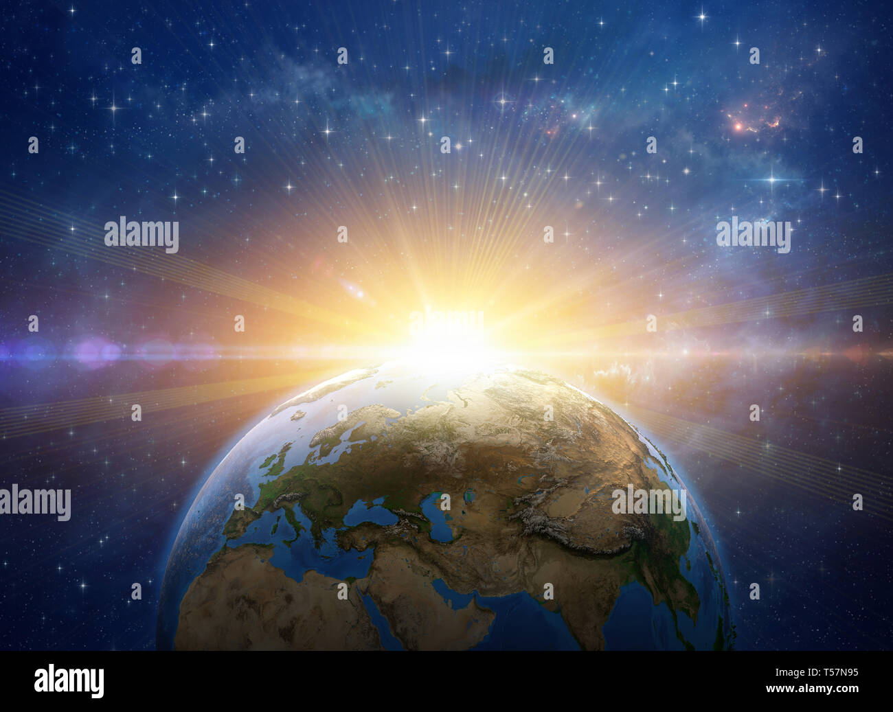 Sun rising over the Earth in deep space. Giant meteor explosion on the ...