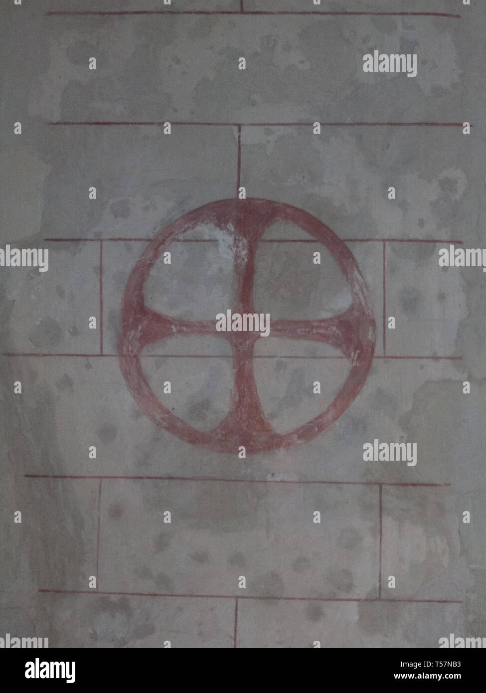 Old red circle and cross knights templar symbol wall church; Bures ...